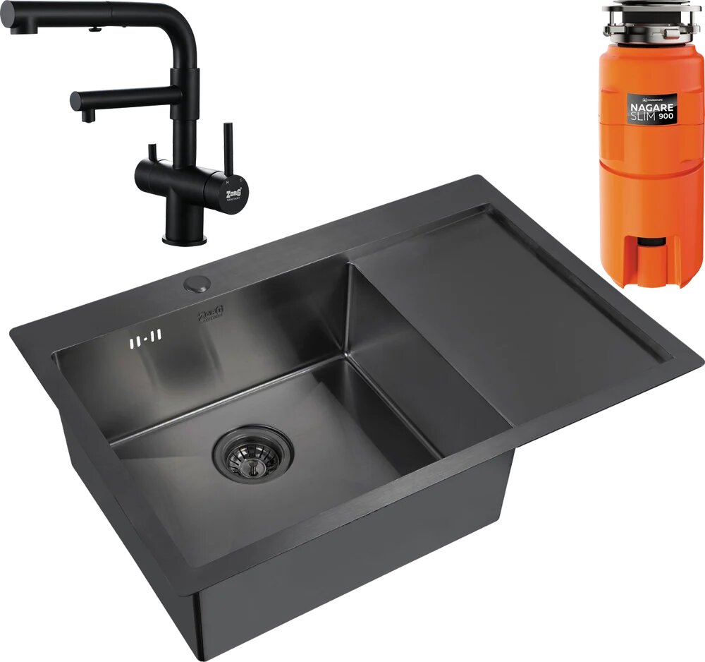 Комплект Мойка Zorg Inox PVD 7851 L 78x51, grafit, нержавеющая сталь / Смеситель Sanitary SZR-3216 Grafit с выдвижным изливом, графит, графит / Измельчитель Omoikiri Nagare slim 900 электрический, нер