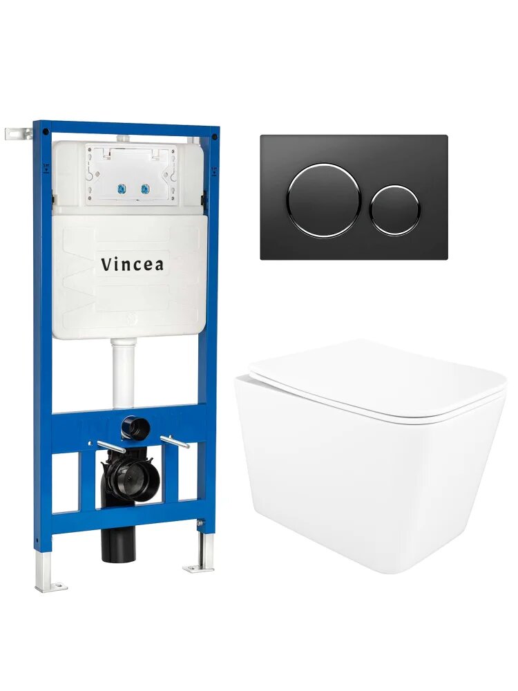 Комплект 5 в 1: Инсталляция Vincea VIS-601 / Унитаз подвесной STWORKI Молде S23401WH / Сиденье с микролифтом, Кнопка VFP-005MB, матовая черная, Комплект креплений
