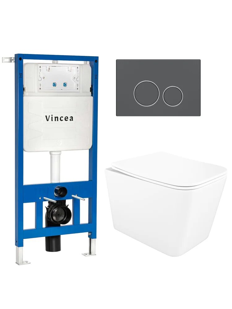 Комплект 5 в 1: Инсталляция Vincea VIS-601 / Унитаз подвесной STWORKI Молде S23401WH / Сиденье с микролифтом, Кнопка VFP-005GM, вороненая сталь, Комплект креплений