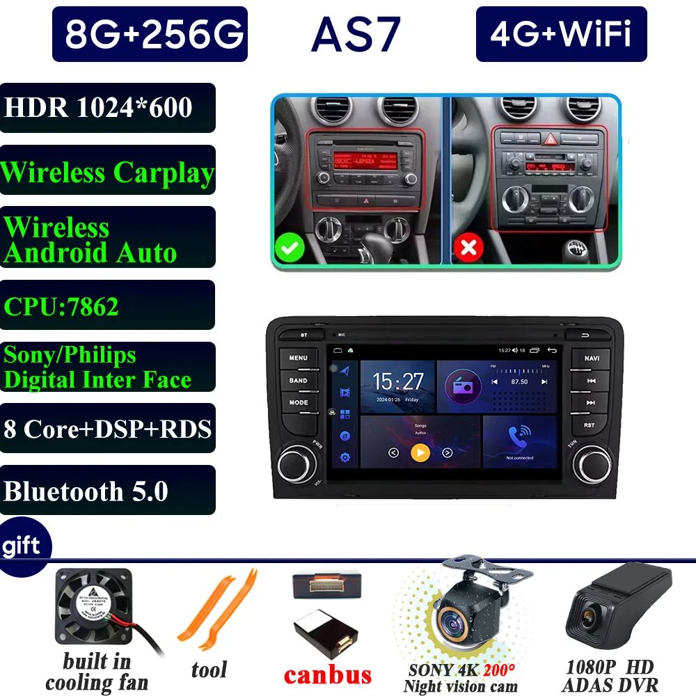 Автомобильный радиоприемник Carplay для Audi A3 8P 2003-2012 RS3 Sportback 2011-2012 S3 8P 2006-2012 навигация GPS Android Auto без 2din видео DVD