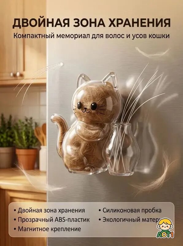 Прозрачный контейнер для кошачьих усов и шерсти Усятница с магнитом на холодильник