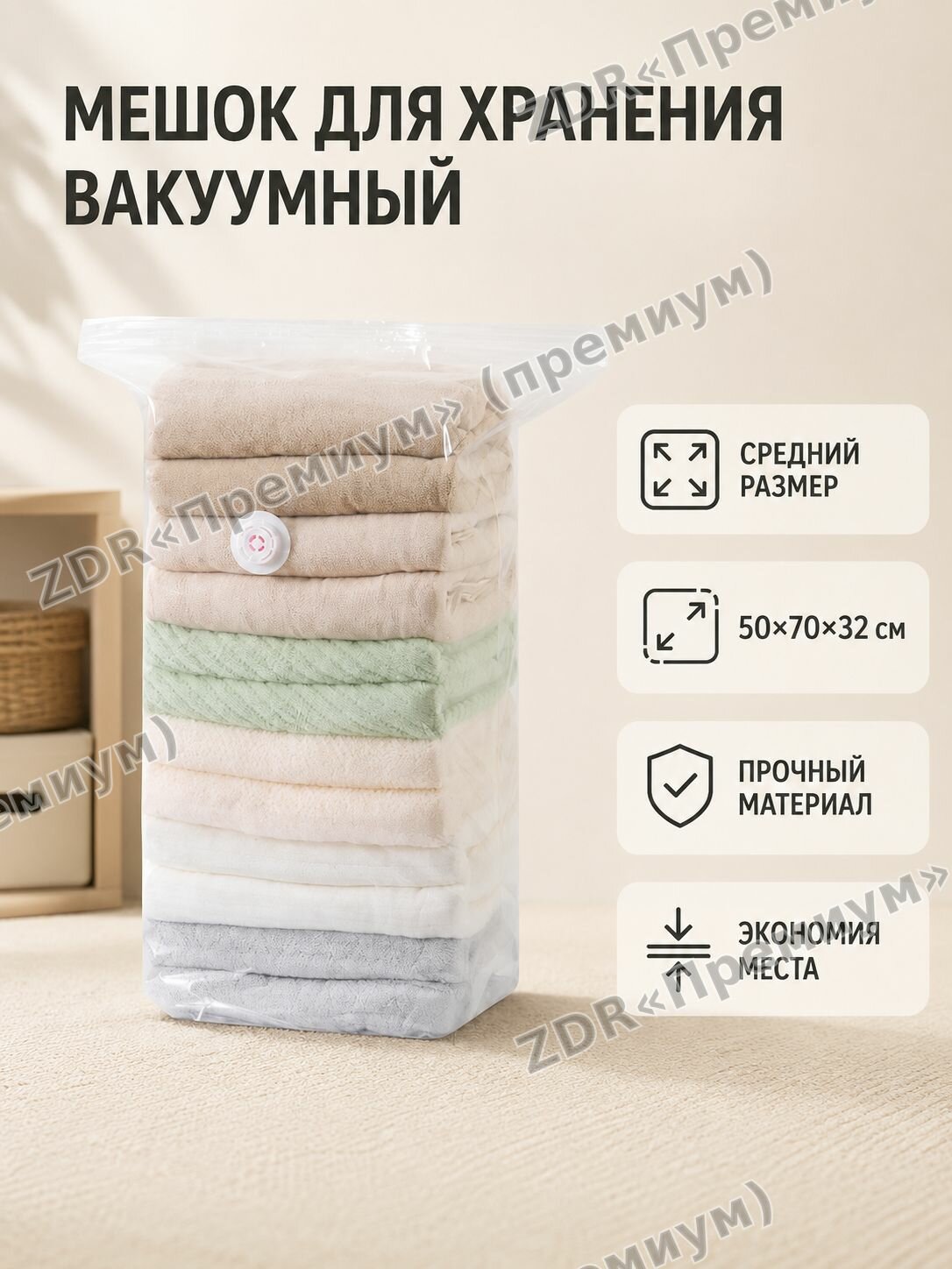 Вакуумный объёмный мешок для хранения одежды и одеял без насоса PA+PE 60 мкм для дома80*60*32cm