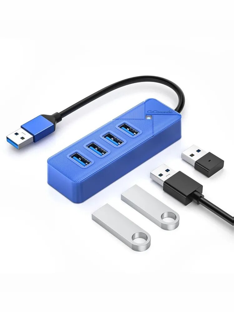 USB-хаб GGM 4 порта, USB 3.0*4 5 Гбит/с, компактный переходник для MacBook, Windows, Linux синий 0.15 м, Порт USB-А