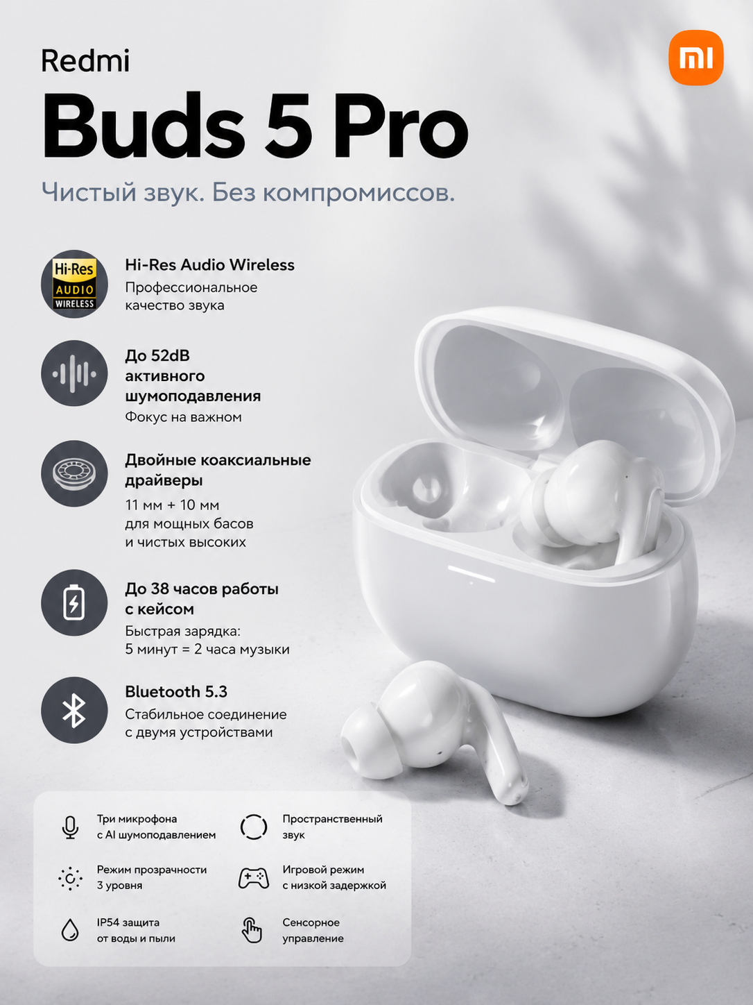 TWS Bluetooth гарнитура Xiaomi Redmi Buds 5 Pro Moonlight White (BHR7662GL) GL