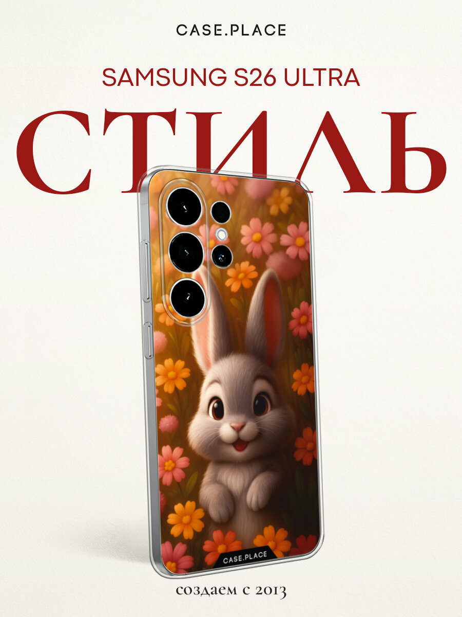 Чехол на Samsung Galaxy S26 Ultra / Самсунг Галакси S26 Ультра с принтом Серый зайка на лугу