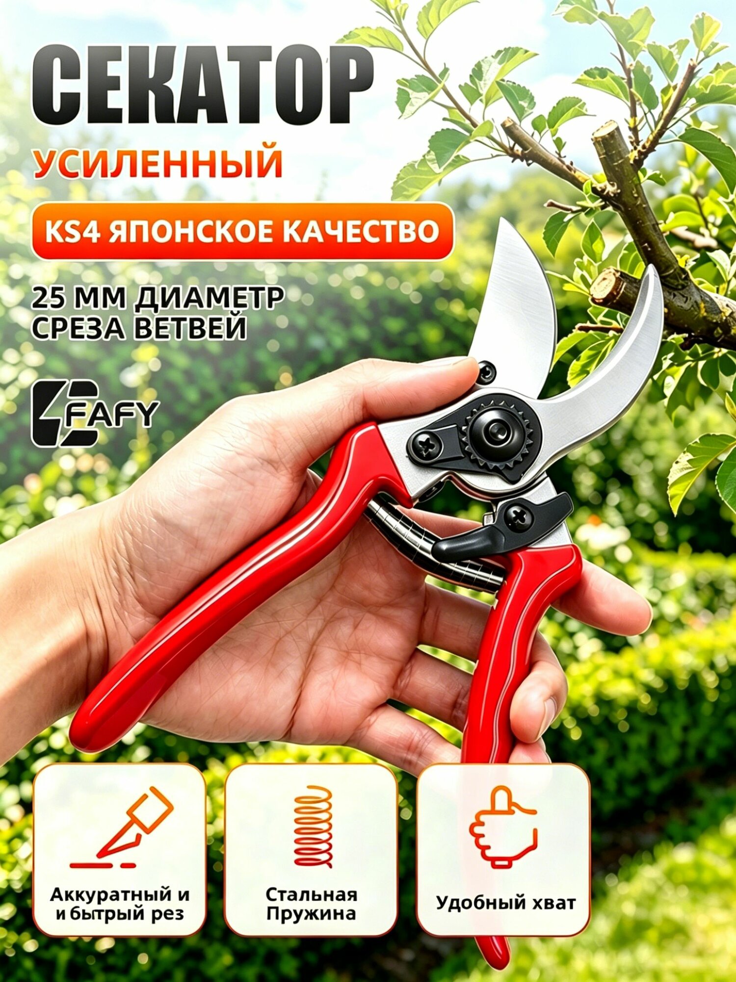 Япония Секатор садовый KS-4 с хромированными лезвиями профессиональный ручной, Сучкорез для сырой и сухой древесины / Секатор для обрезки веток, цветов, кустов и деревьев