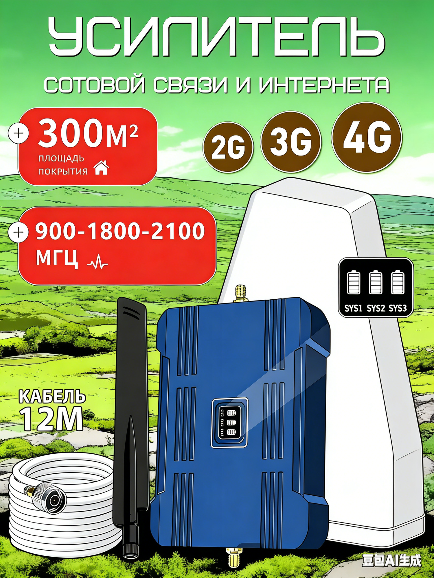 Усилитель сотовой связи 900/1800/2100 МГц (2G/3G/4G): до 70 км, направленный, синий, 1.3 кг