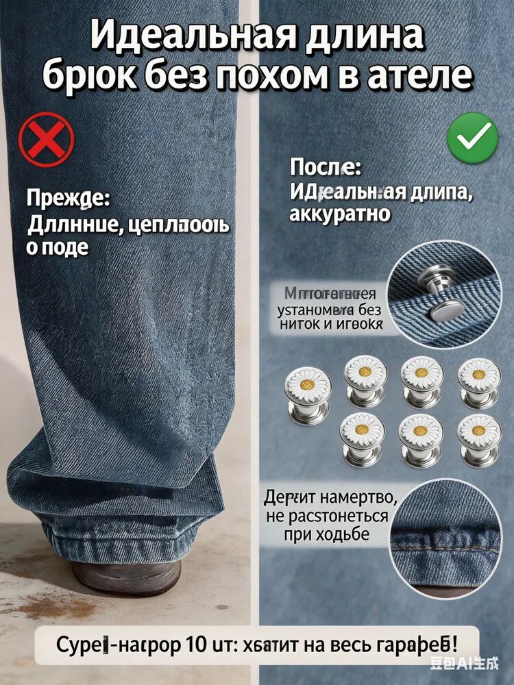 Съемные пуговицы для джинсов и брюк 10 шт, фиксатор утяжка с ромашкой-невидимая кнопка без шитья, фурнитура чтобы укоротить длину одежды