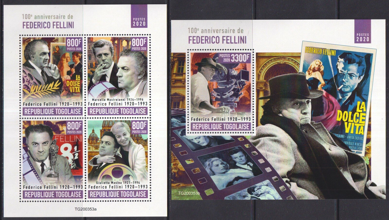 Марки 2020 год Того Федерико Феллини Кино #8650-8653+Bl2013 Mnh