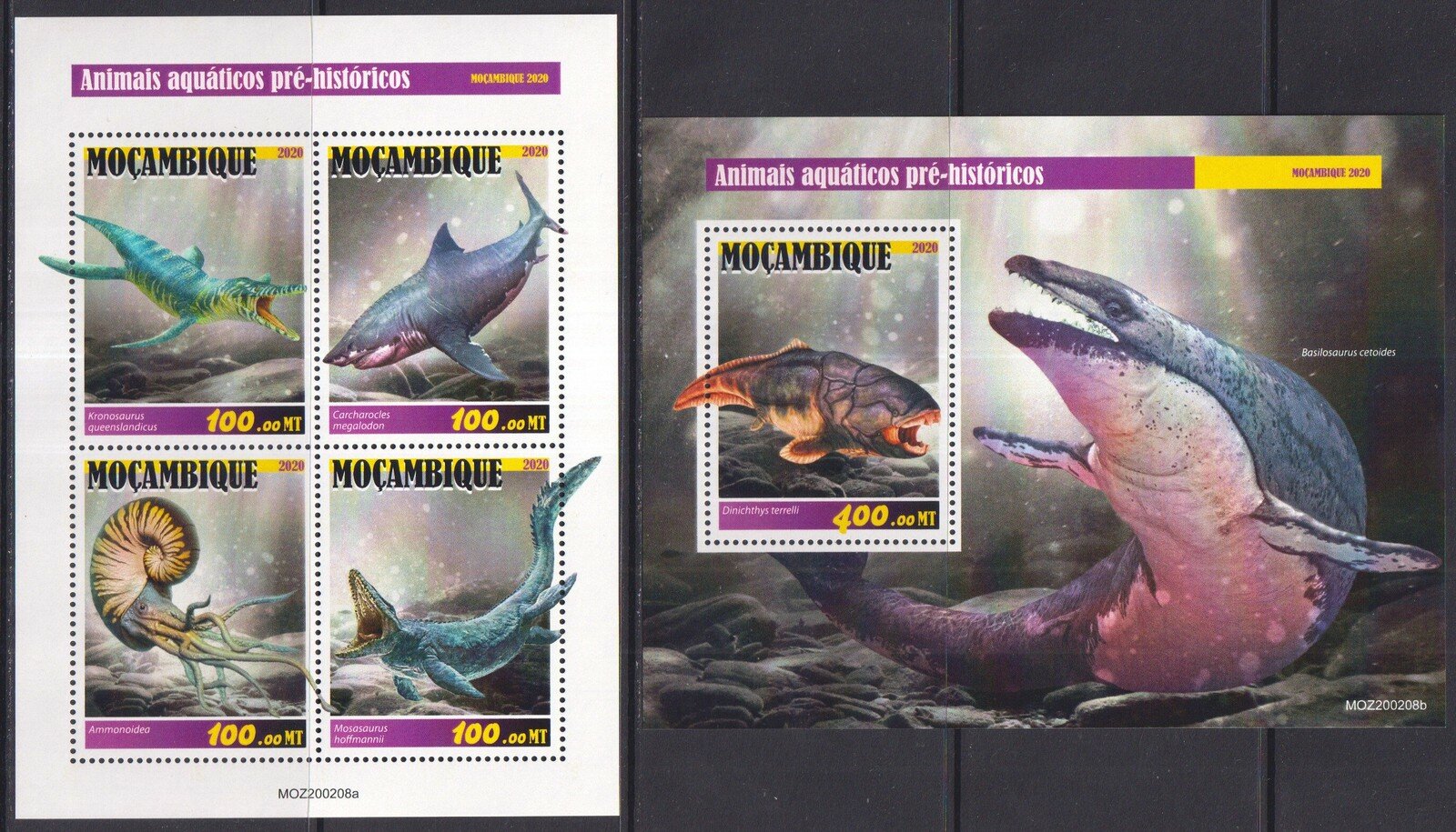 Марки 2020 год Мозамбик Динозавры Доисторические водные животные #10925-8+Bl1620 Mnh