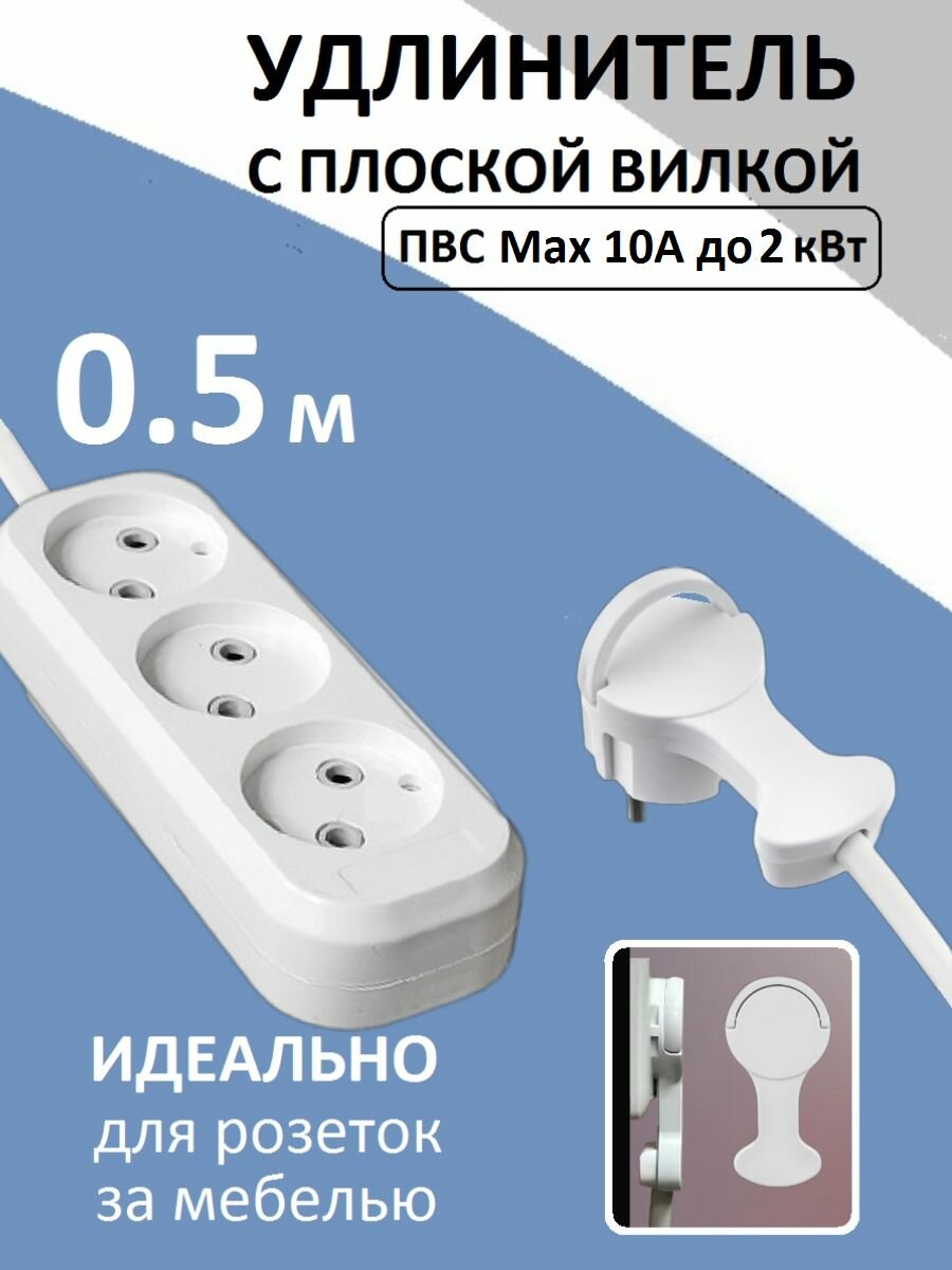 Удлинитель с плоской вилкой 3 гнезда б/з ПВС 10А 2кВт