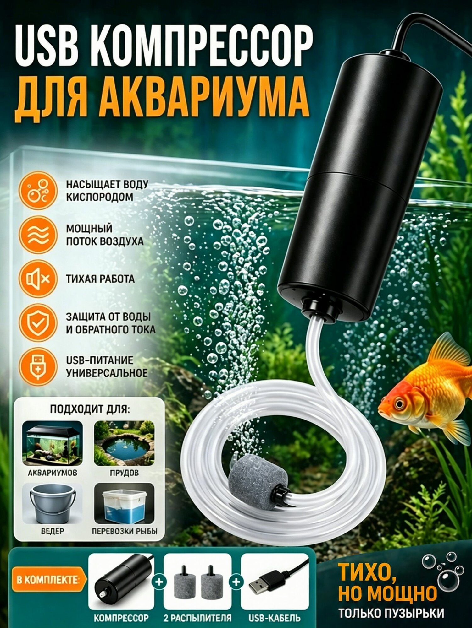 USB компрессор для аквариума с аэратором, воздушный насос для перевозки живца