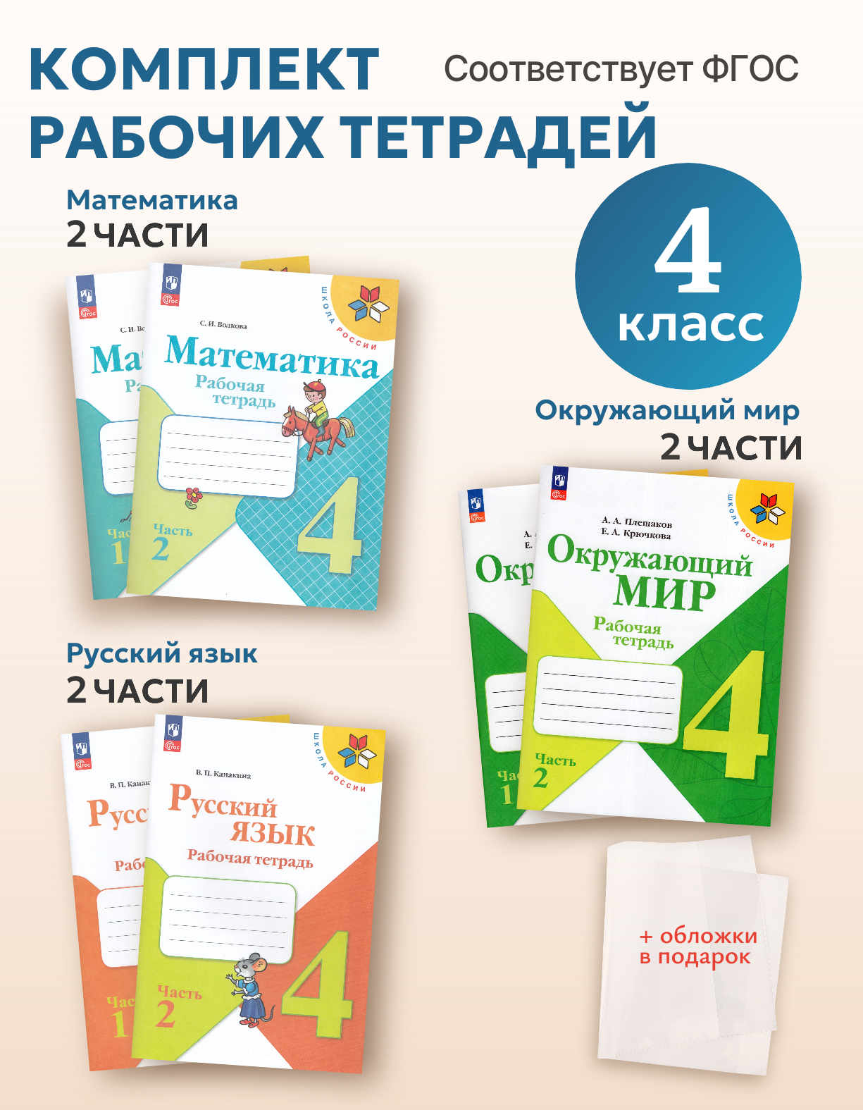 Комплект рабочих тетрадей для 4 класса + обложки
