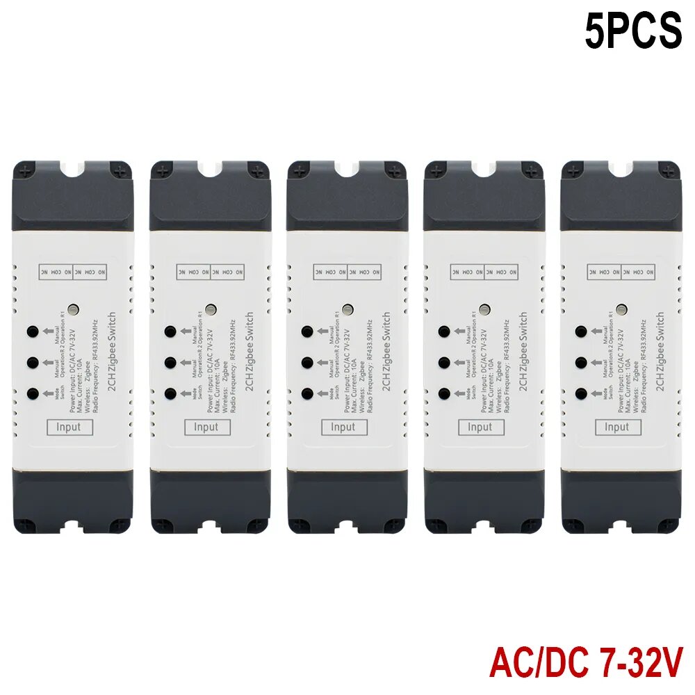 5 шт Умный Zigbee 2-канальный реле (10A, 2200W, DC7-32V) Модуль выключателя Wi-Fi + RF приемник, для Alexa Google Home