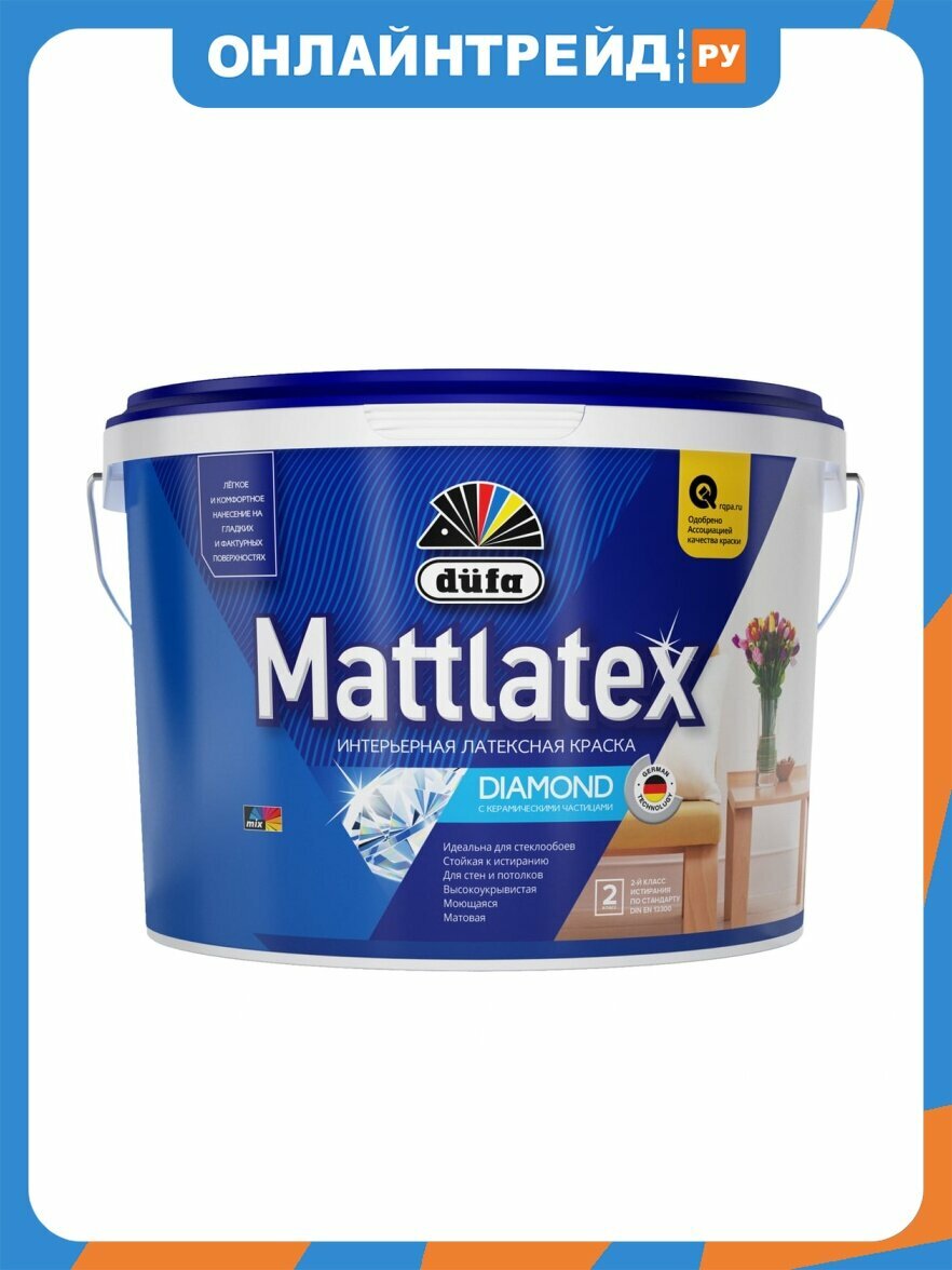 Краска для стен и потолков для влажных помещений латексная Dufa Mattlatex D100 матовая белая 9 л
