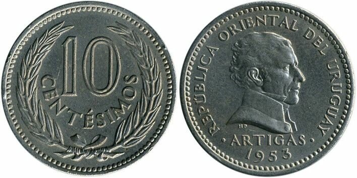 Уругвай 10 сентесимо, 1953 - 1959 Хосе Хервасио Артигас XF