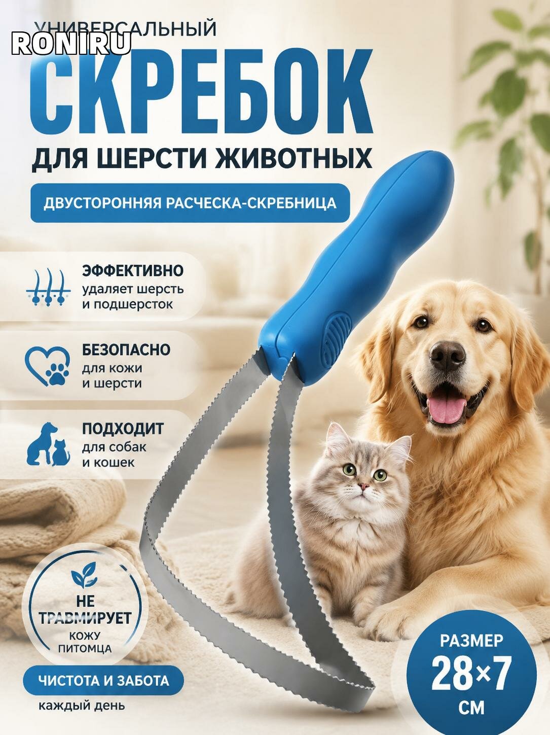 Скребок для шерсти животных — универсальная расческа-скребница для собак и кошек, двусторонняя щетка от линьки