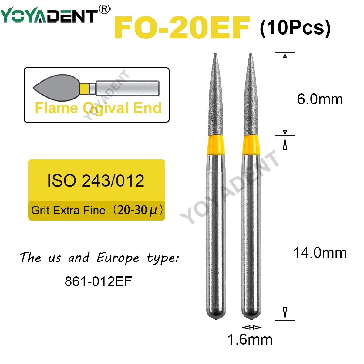 Стоматологические алмазные боры YOYADENT 1,6 мм 10 шт. FO-20EF 10Pcs