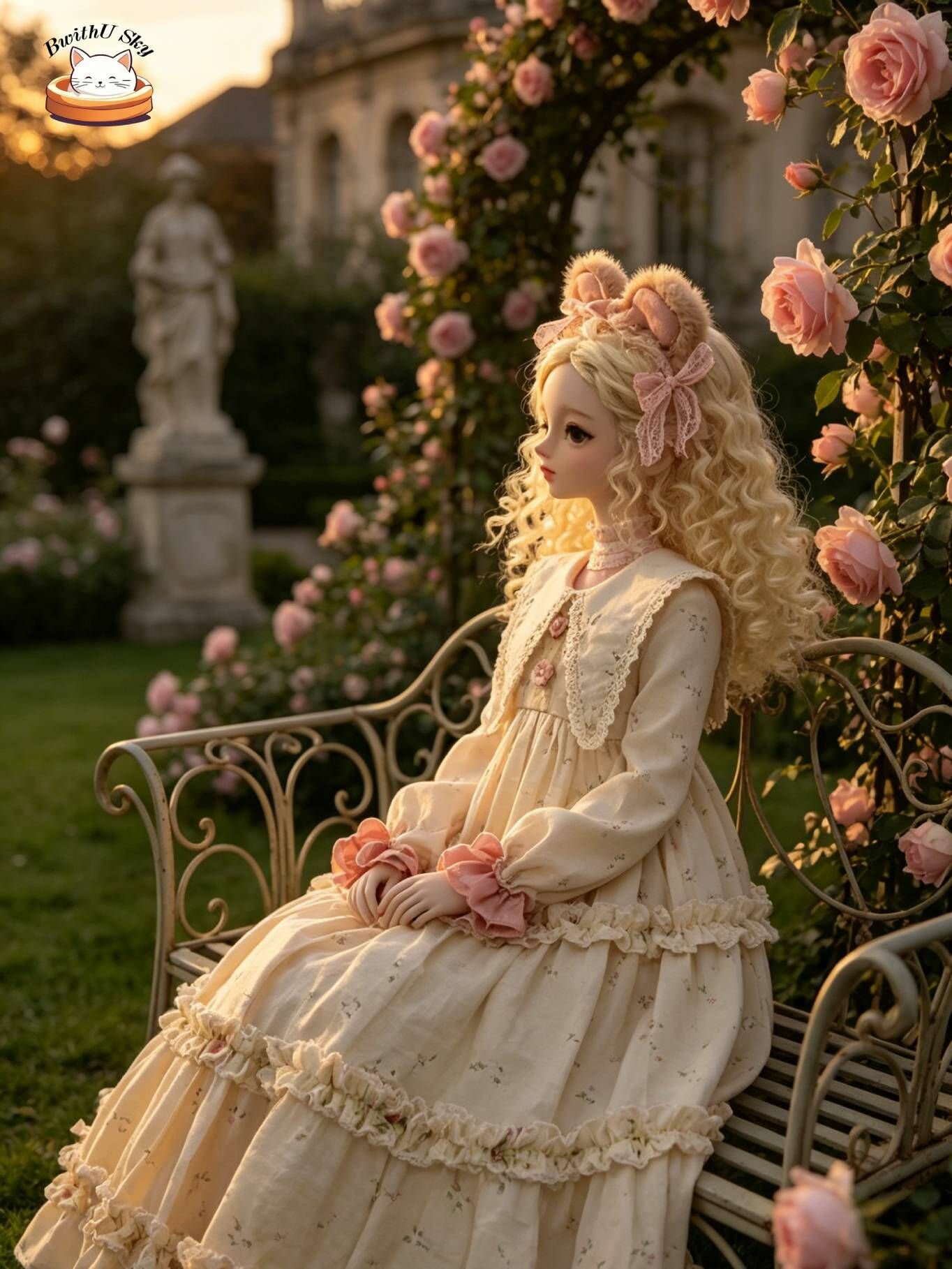BwithUSky Liano 1/4 BJD Кукла: Винтажный пасторальный комплект лолиты из кремового платья с мелким цветочным принтом, кружевным воротником и пушистыми ушками мишки