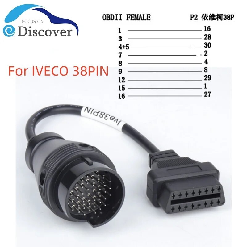 Диагностический Кабель IVECO OBD2 38PIN: 38-контактный Разъем (гнездо) На 16-контактный (штекер) Для Грузовых Автомобилей И Л.