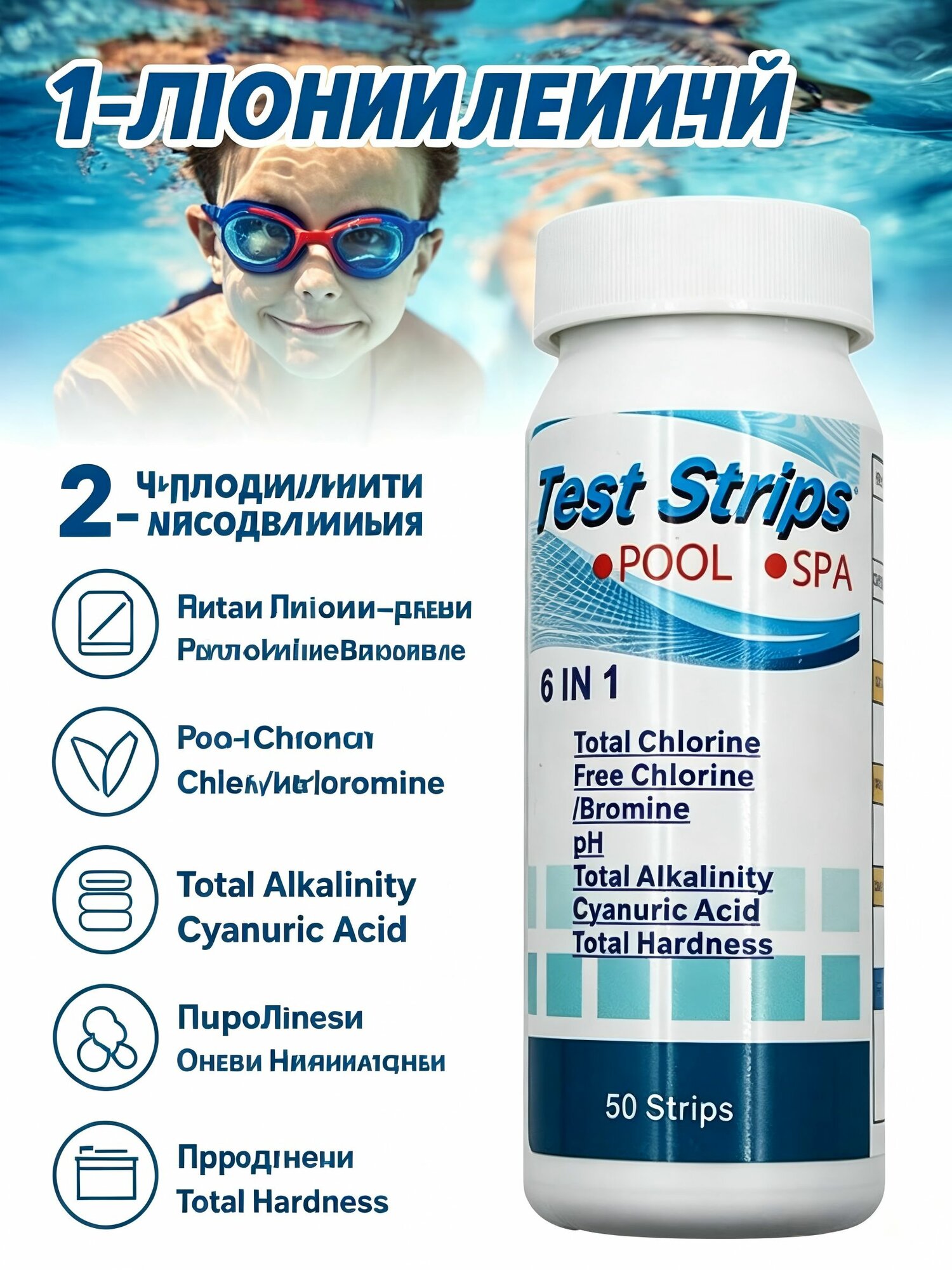 50 шт. тест-полоски на хлор PH, тестер воды для бассейна и спа-центра 6 в 1 для воды для бассейна
