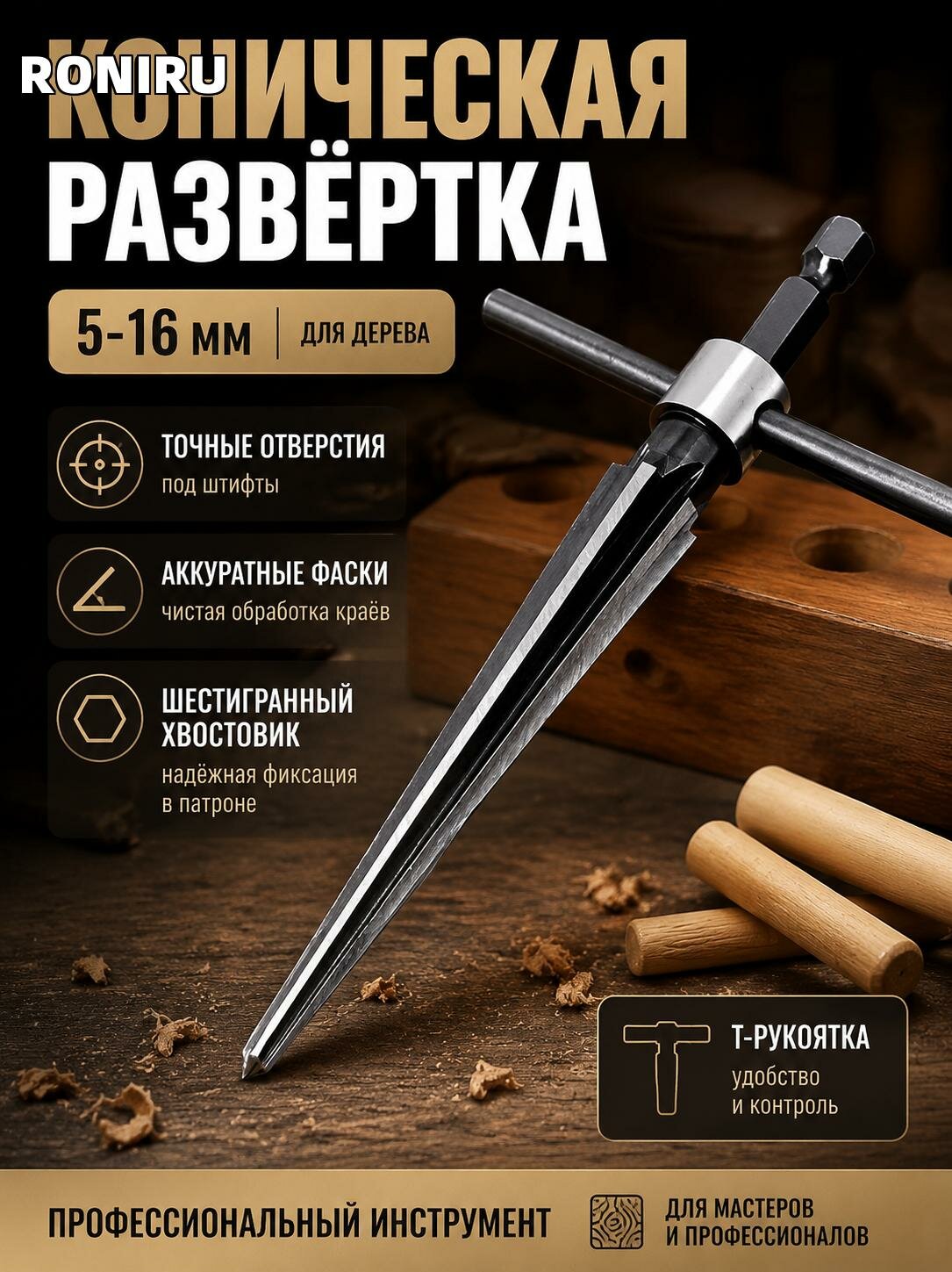 Коническая развертка 5-16 мм для дерева с шестигранным хвостовиком и Т-рукояткой для точных отверстий под штифты и фасок.