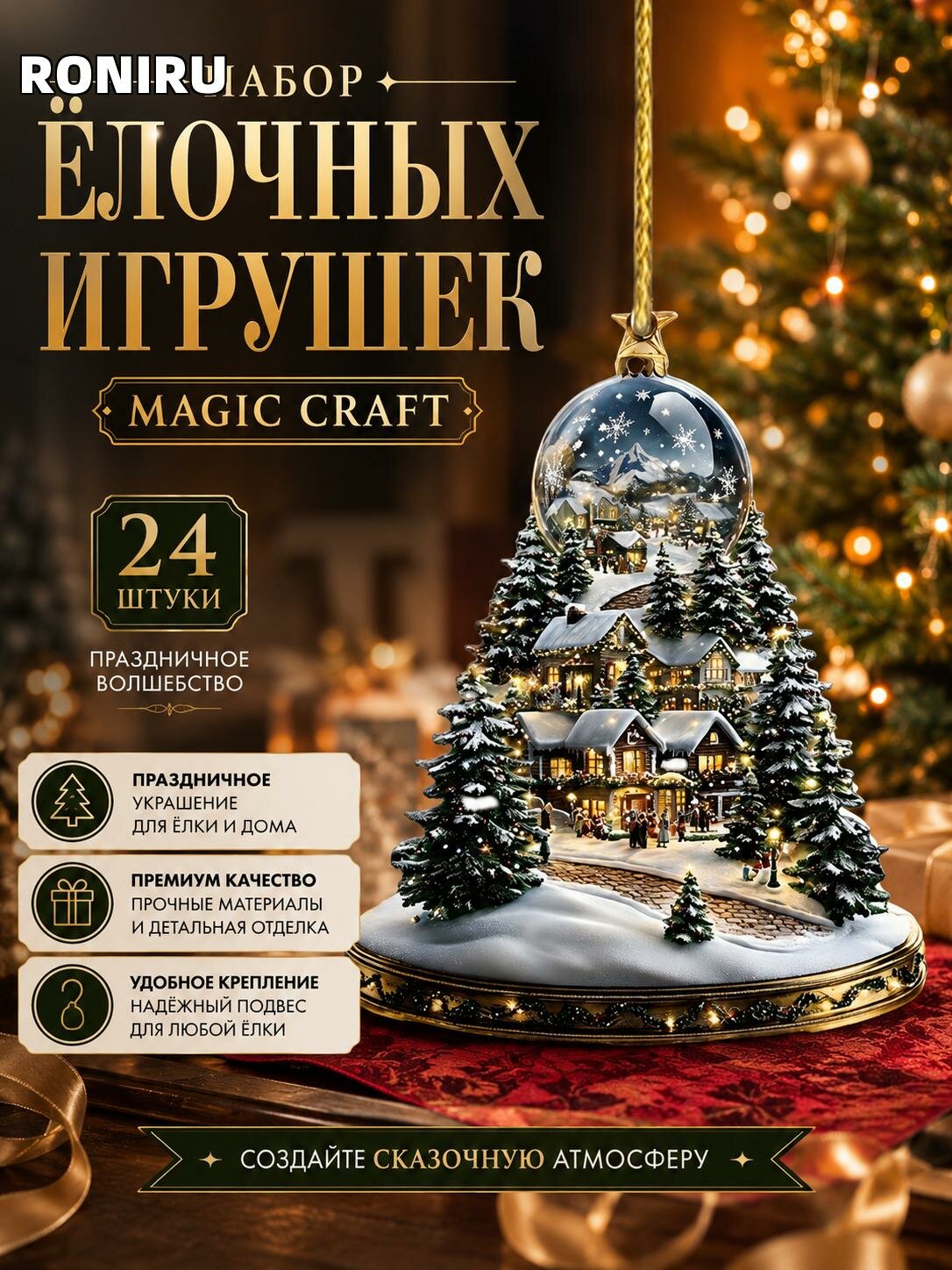 Набор елочных игрушек Magic Craft 24 шт — подвесные шары для украшения новогодней елки и праздничного декора дома