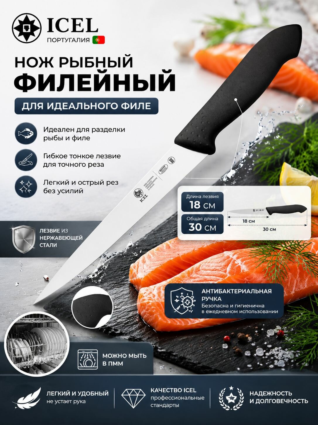 Нож рыбный филейный 180/300 мм. черный, ICEL HoReCa
