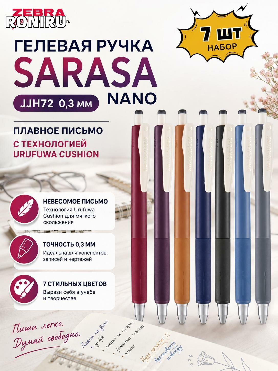 Гелевая ручка Zebra SARASA NANO JJH72 0,3 мм — плавное письмо с технологией Urufuwa Cushion для учебы и творчества