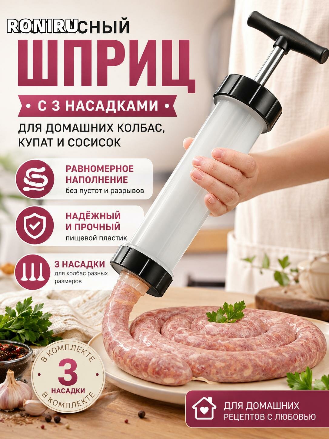 Колбасный шприц с 3 насадками для домашней колбасы, купат и сосисок — равномерное наполнение без пустот, в быту