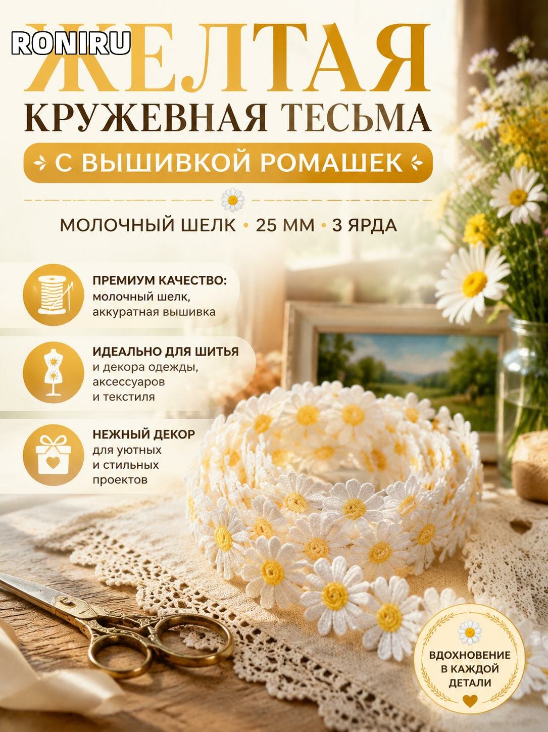 Желтая кружевная тесьма с вышивкой ромашек, молочный шелк 25 мм 3 ярда для шитья и украшения одежды и домашнего текстиля