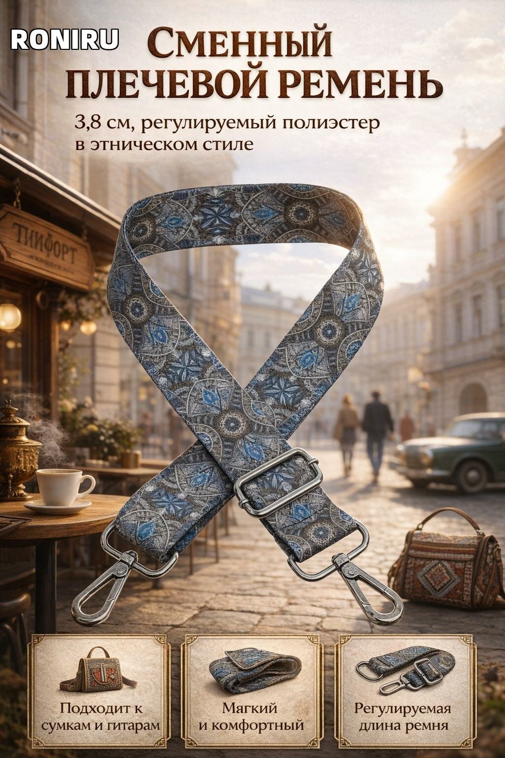 Сменный плечевой ремень 3,8 см, регулируемый полиэстер в этническом стиле для сумки и гитары yijia