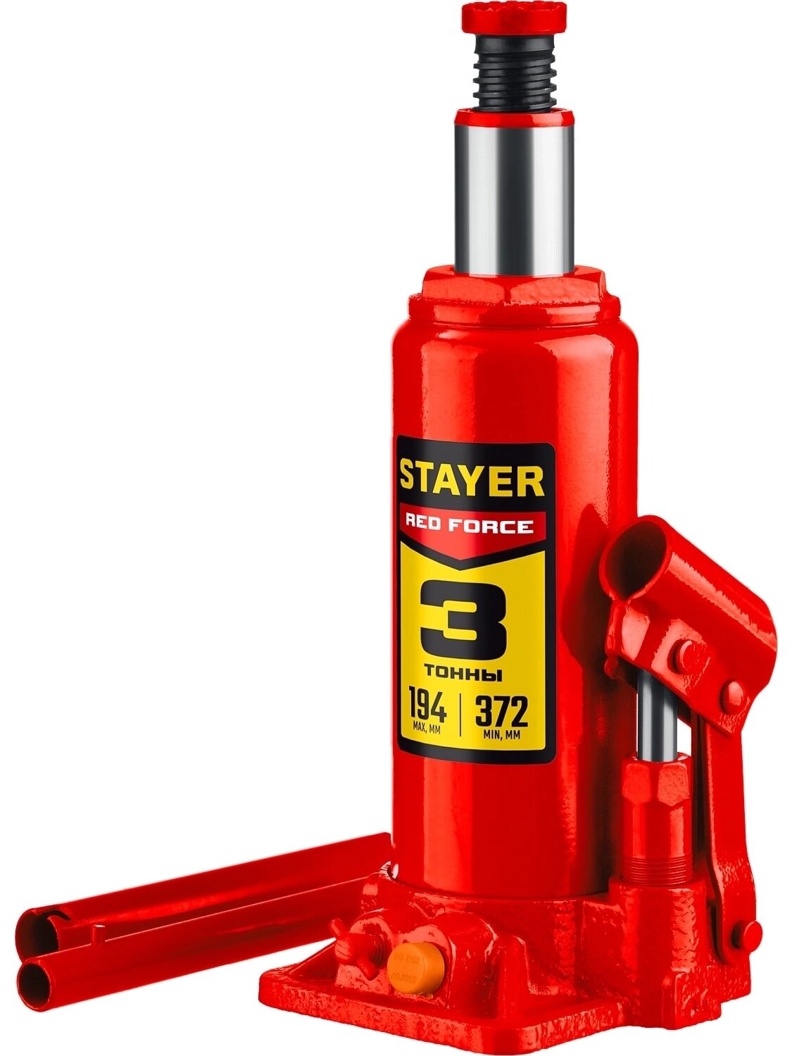 Бутылочный гидравлический домкрат Professional STAYER RED FORCE 3 т 194 - 372 мм