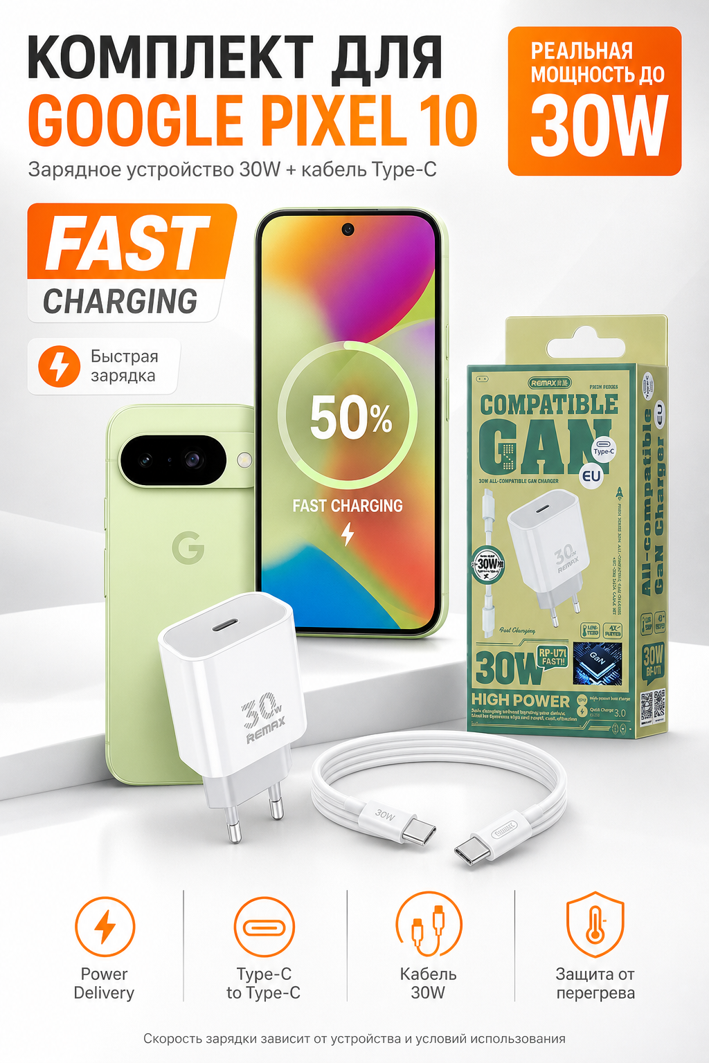 Комплект зарядки Google Pixel 10 блок и кабель USB Type-C 30 Вт быстрая зарядка