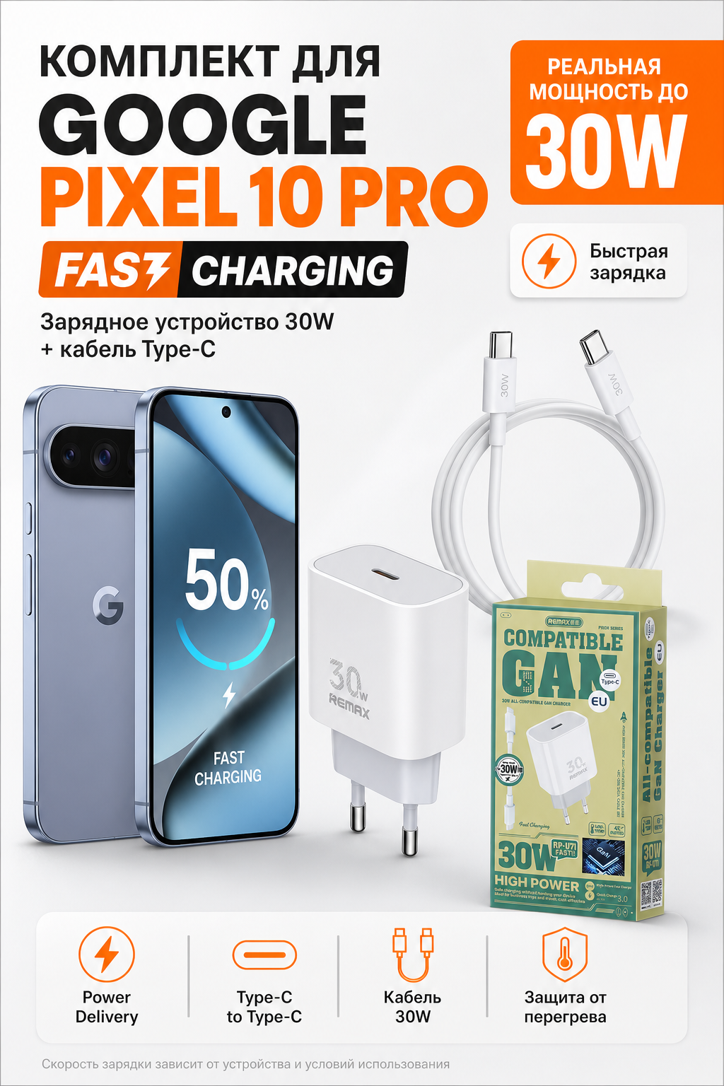 Комплект зарядки Pixel 10 Pro блок и кабель USB Type-C 30 Вт быстрая зарядка