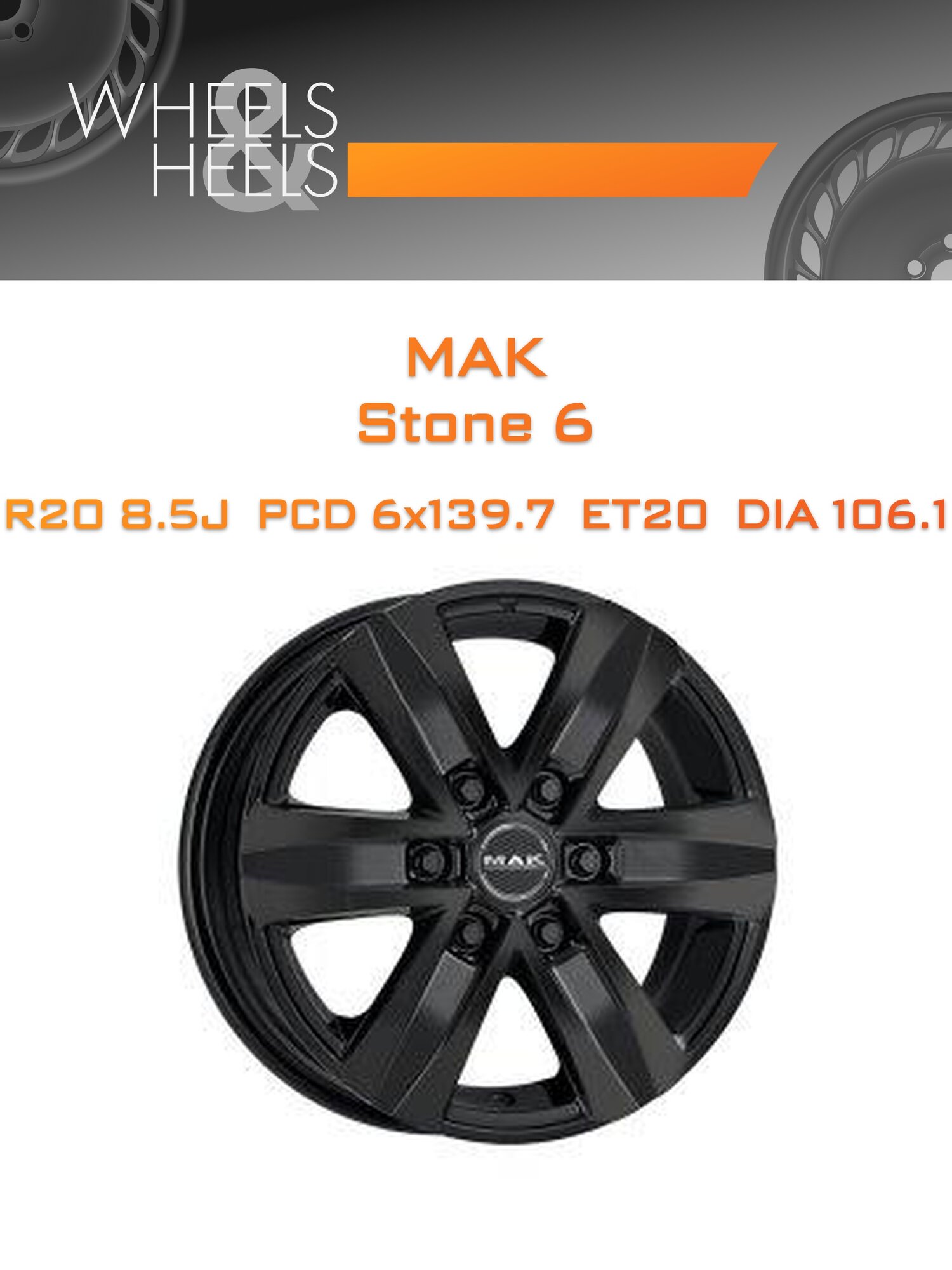 Диск автомобильный литой MAK Stone 6 20x8.5 6x139.7 et20 dia106.1 Чёрный глянцевый