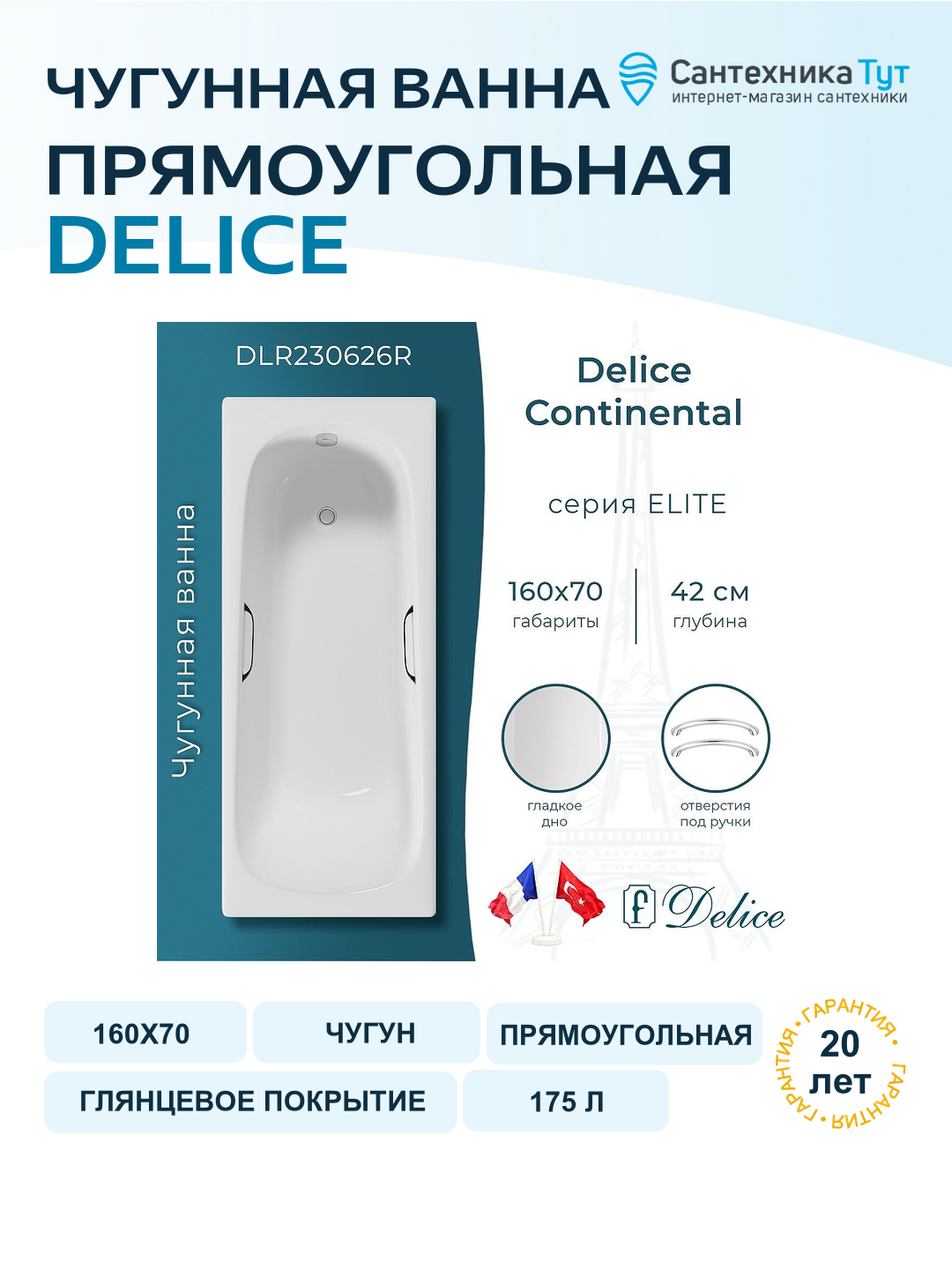 Чугунная ванна Delice Continental 160х70 DLR230626R с отверстиями под ручки без антискользящего покрытия