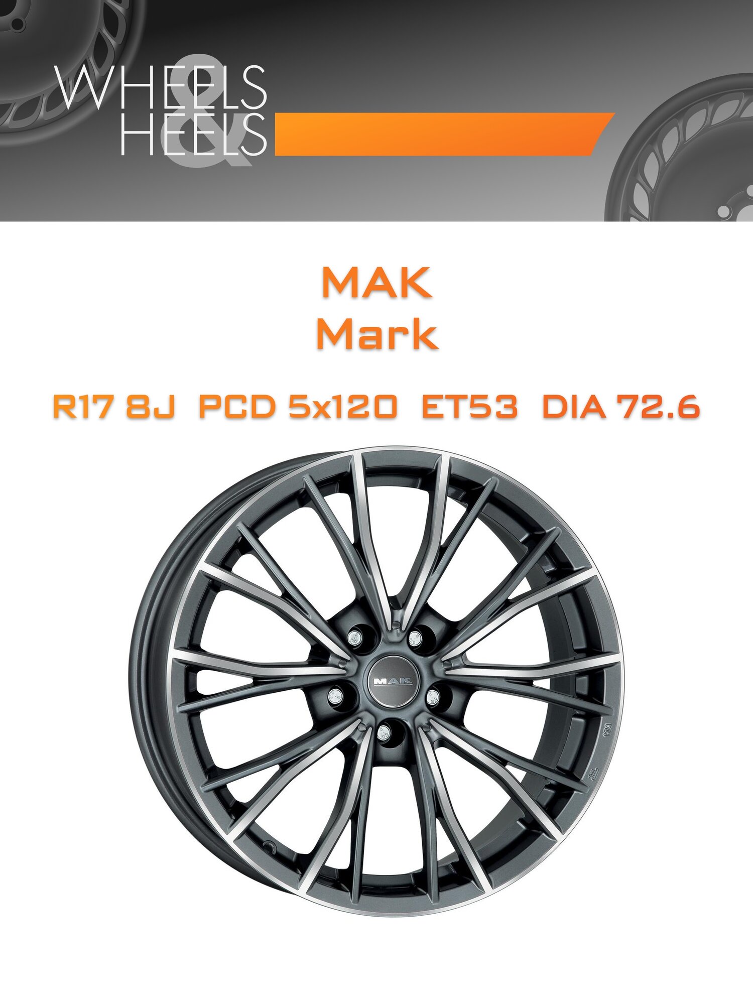 Диск автомобильный литой MAK Mark 17x8 5x120 et53 dia72.6 Серый с полированной лицевой частью