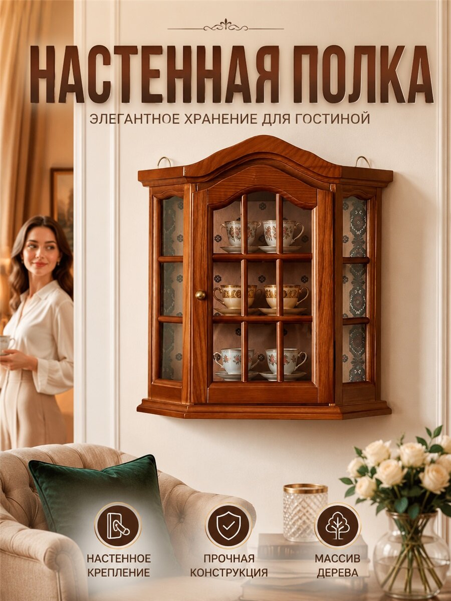 Полка настенная с дверцей из натурального дерева, настенное крепление для демонстрации декоративной посуды в комнате