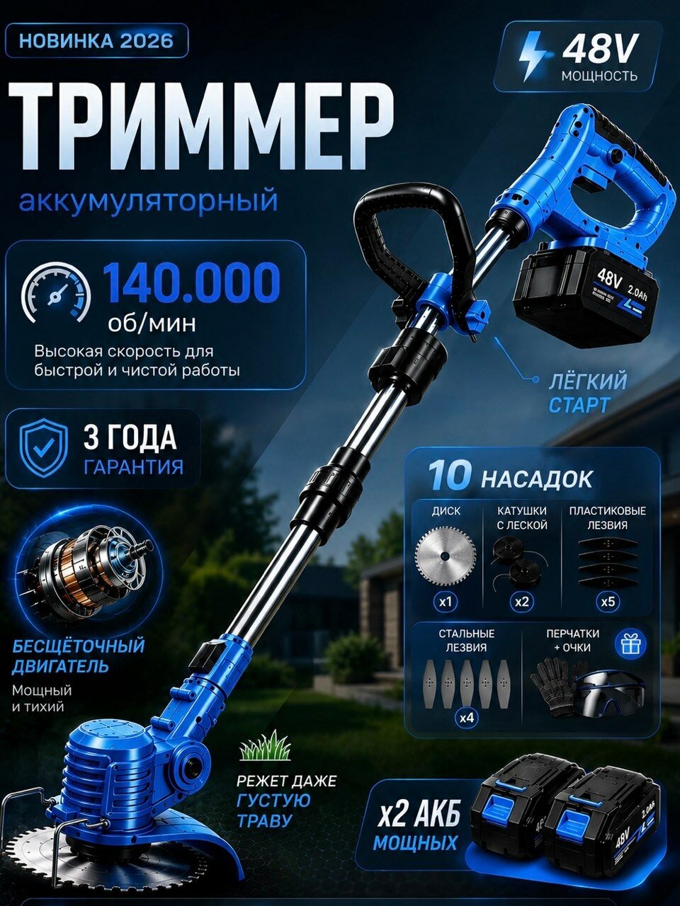 Электрический аккумуляторный триммер для травы, садовый, 10 насадок, голубой