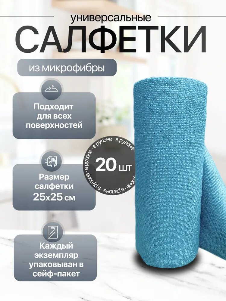 Салфетки для уборки, тряпки для кухни из микрофибры в рулоне 20 шт, 25х25 см, голубой