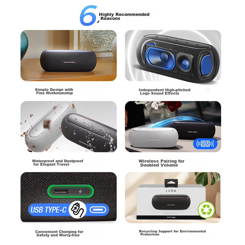 Портативная Bluetooth-колонка Harman Kardon LUNA с водонепроницаемостью IP67, долгим сроком работы и отдельным твитером
