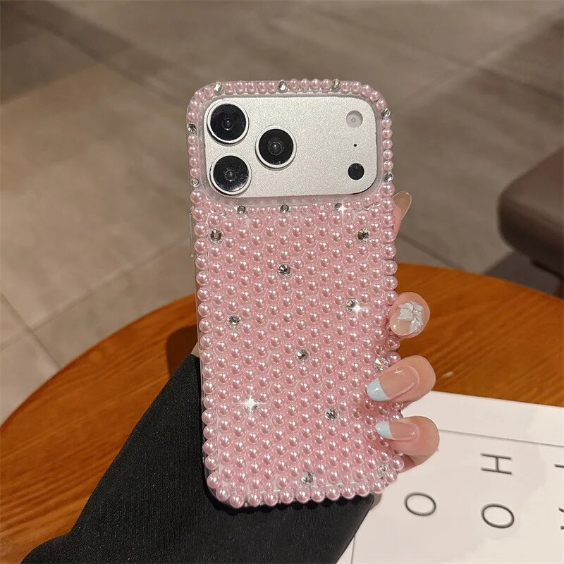 Роскошный однотонный чехол для телефона с жемчугом и стразами на iPhone17 Pro Max, Розовый, Pink
