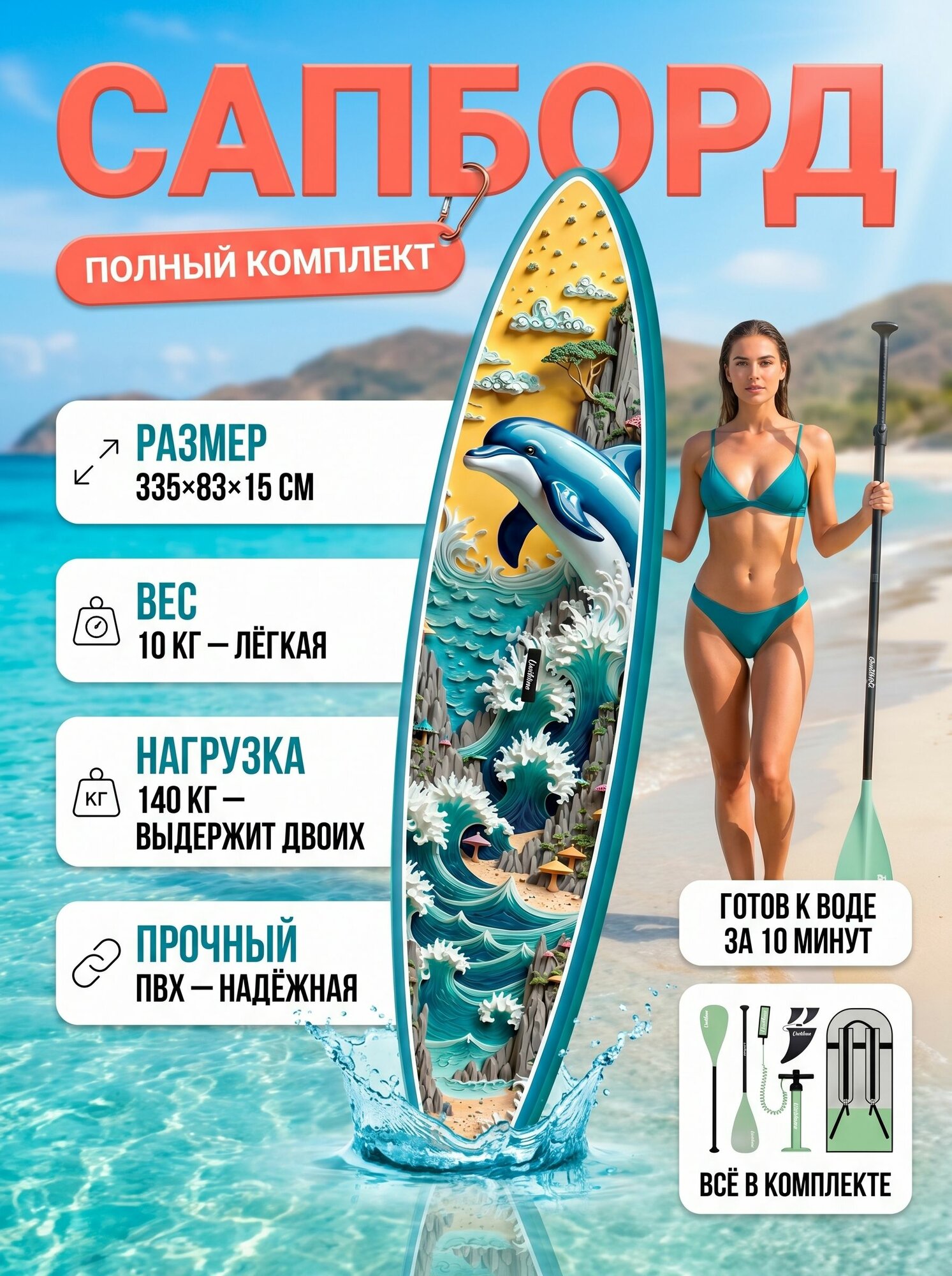 Сапборд надувной, с веслом и насосом, для сапсерфинга, 335х83х15 см, до 140 кг, голубой