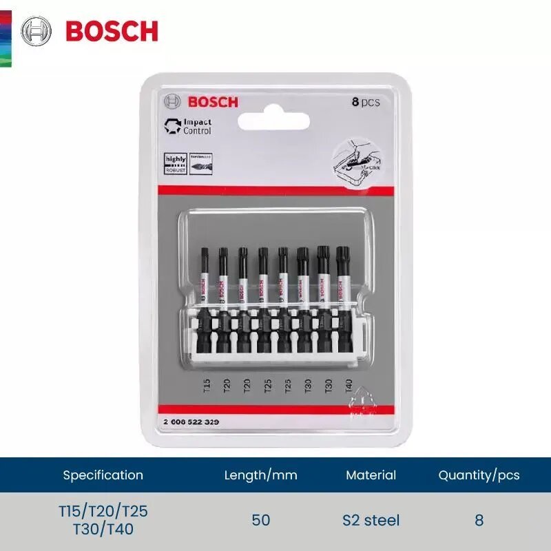 Биты для ударной отвертки Bosch, T15, T20 (x2), T25 (x2), T30 (x2), T40