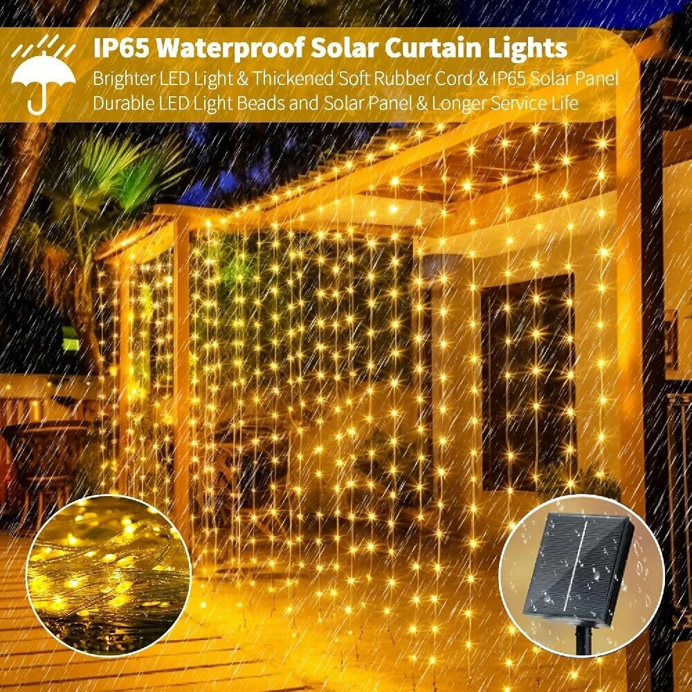 Солнечные гирлянды-шторы WELPUR разноцветные 300 LED Warm White, 3MX3M 300LEDS