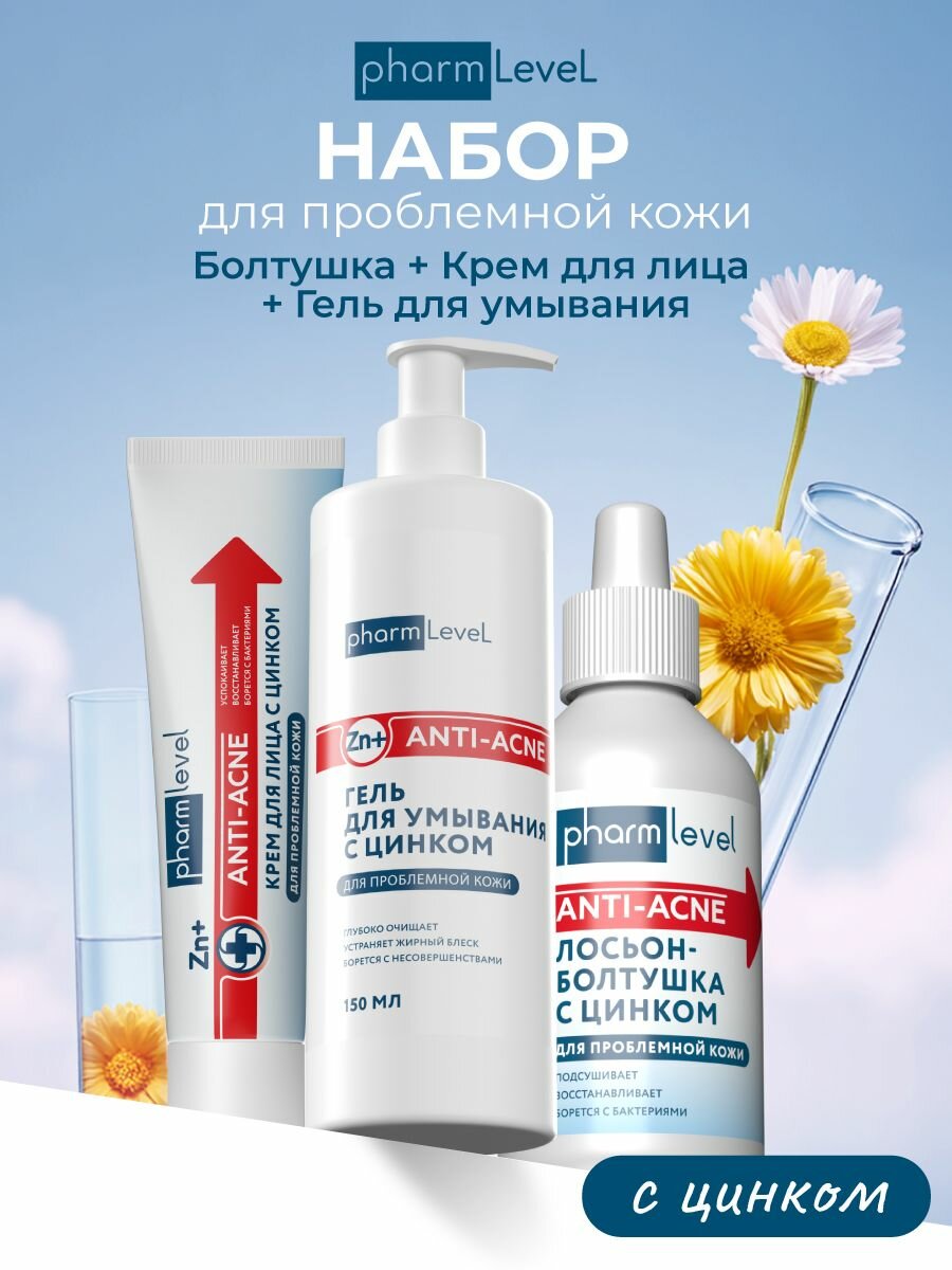 Набор для проблемной кожи лица от акне и прыщей, уход с цинком: гель для умывания, крем и болтушка, против воспалений и жирности