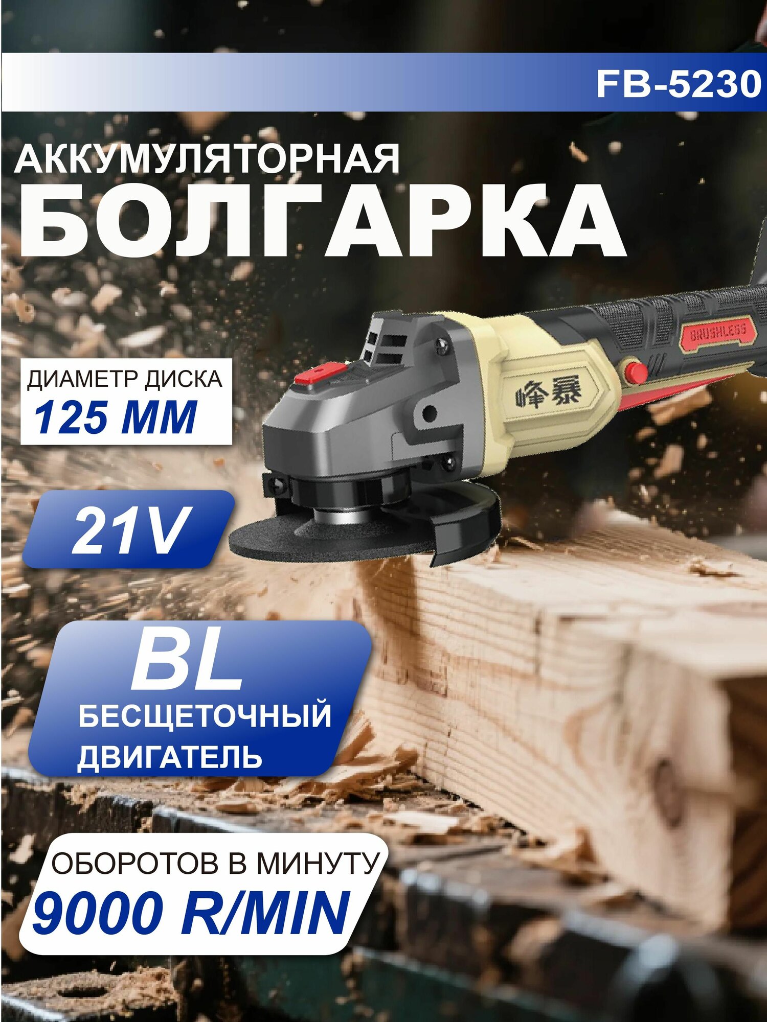 FengBAO, Аккумуляторная УШМ 125 мм, FB-5230B, 21В, 2х6.0А ч Li-Ion, в кейсе