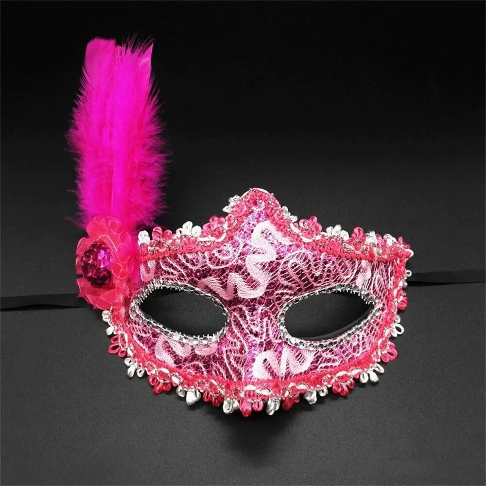 Кружевная пластиковая маска с перьями Розовый, A-Pink