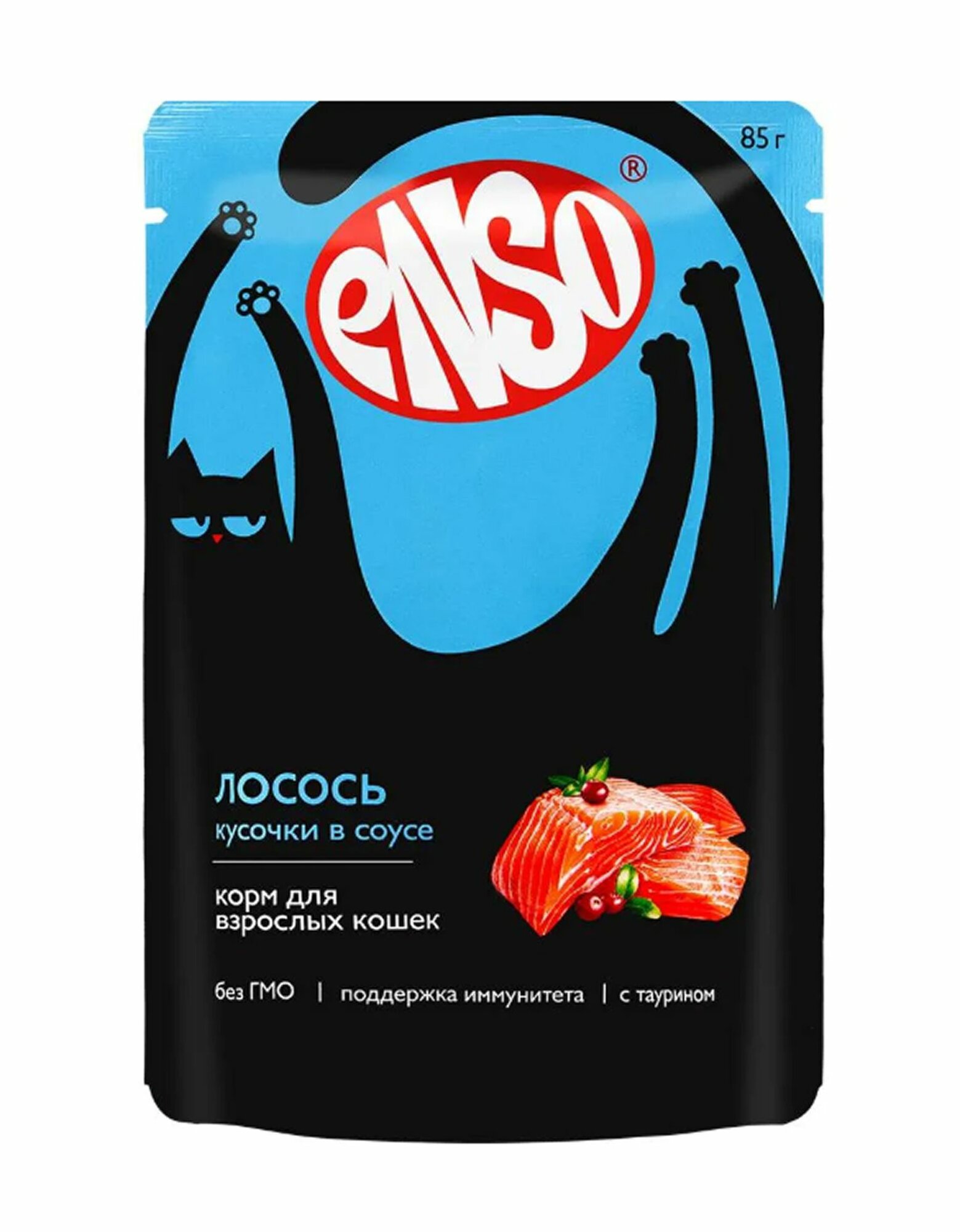 Enso Корм влажный для кошек Кусочки в соусе с лососем, пауч, 85 гр